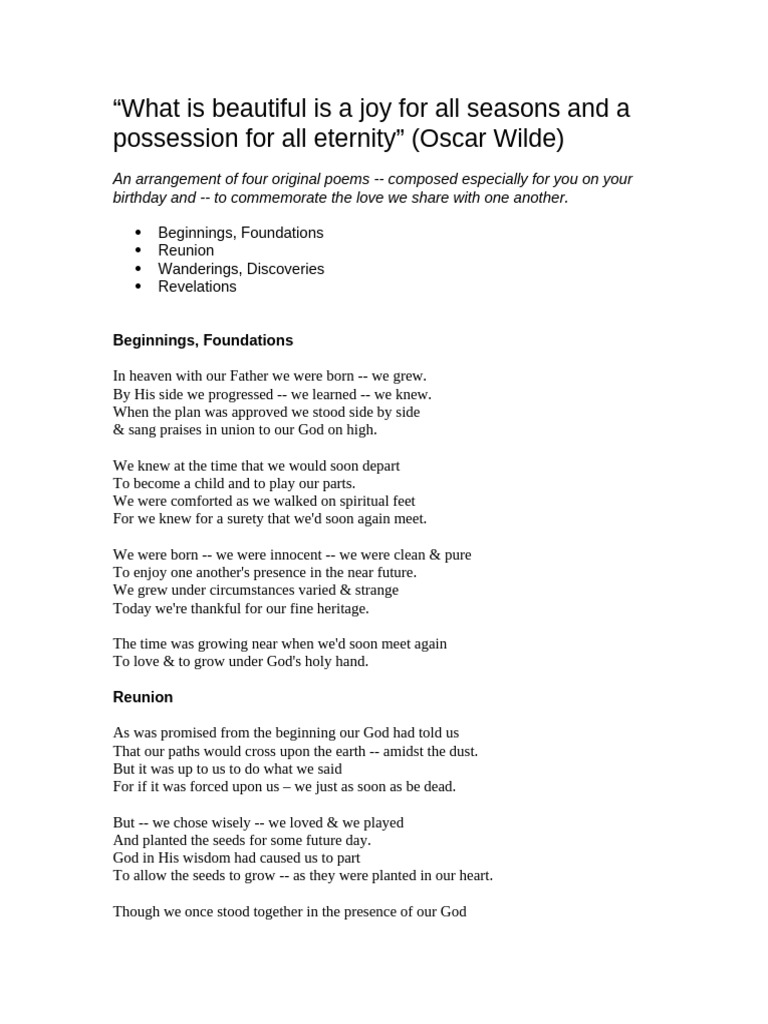 MISSION POEM - What Is Beautiful Is A Joy (Becky) LONG R | PDF ...