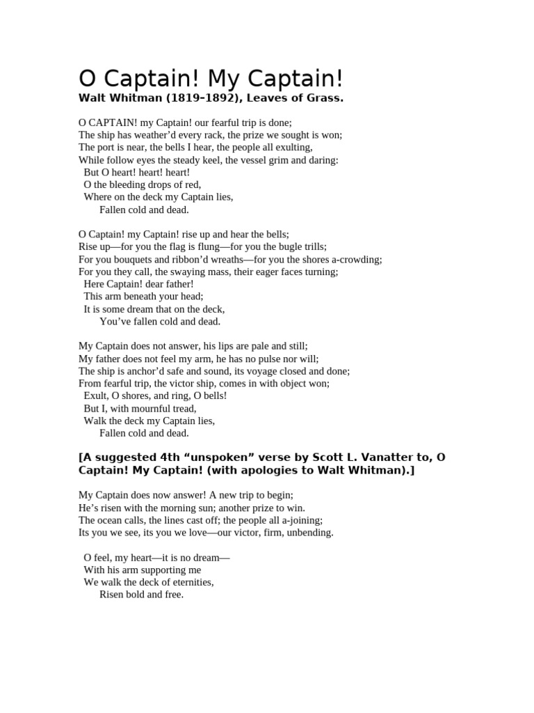 POEM - O Captain My Captain - Whitman - With My Fourth Verse - USE | PDF