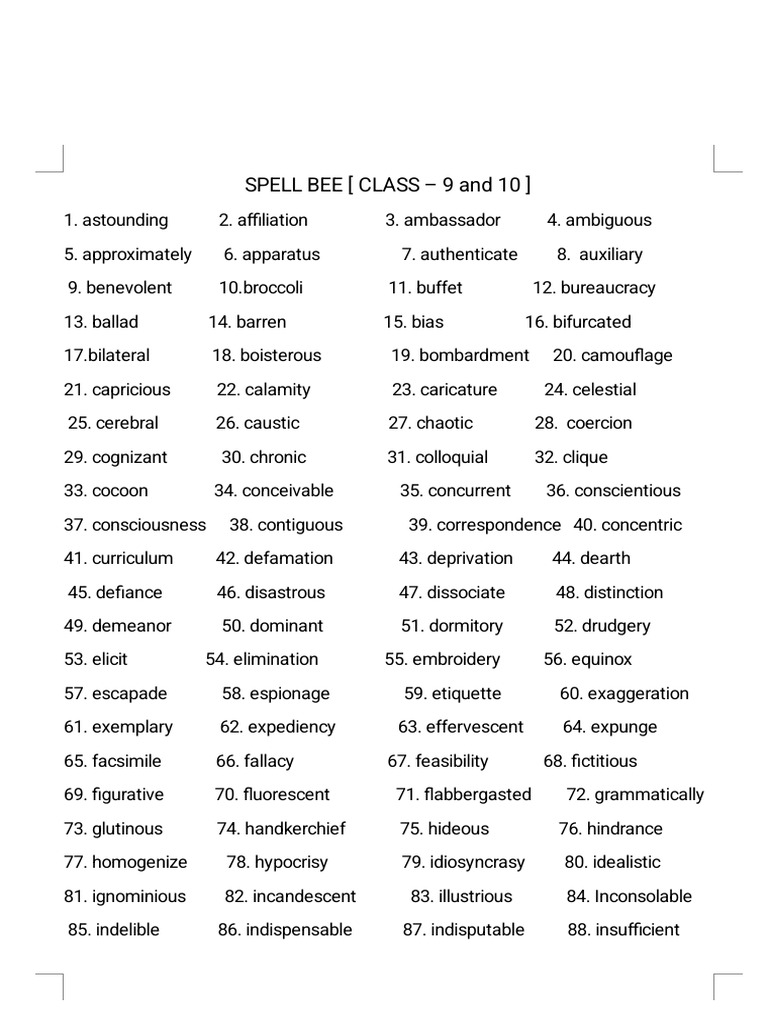 Class 9 & 10 Spell Bee Words List | PDF