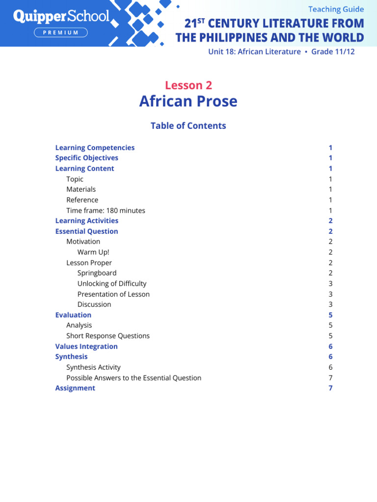 PDF (TG) LT 11 12 Unit 18 Lesson 2 African Prose | PDF | Information ...