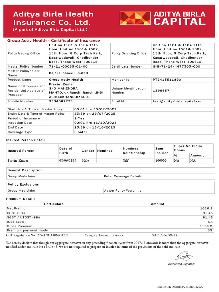 Group Activ Health Insurance Certificate | PDF | Identity Document ...