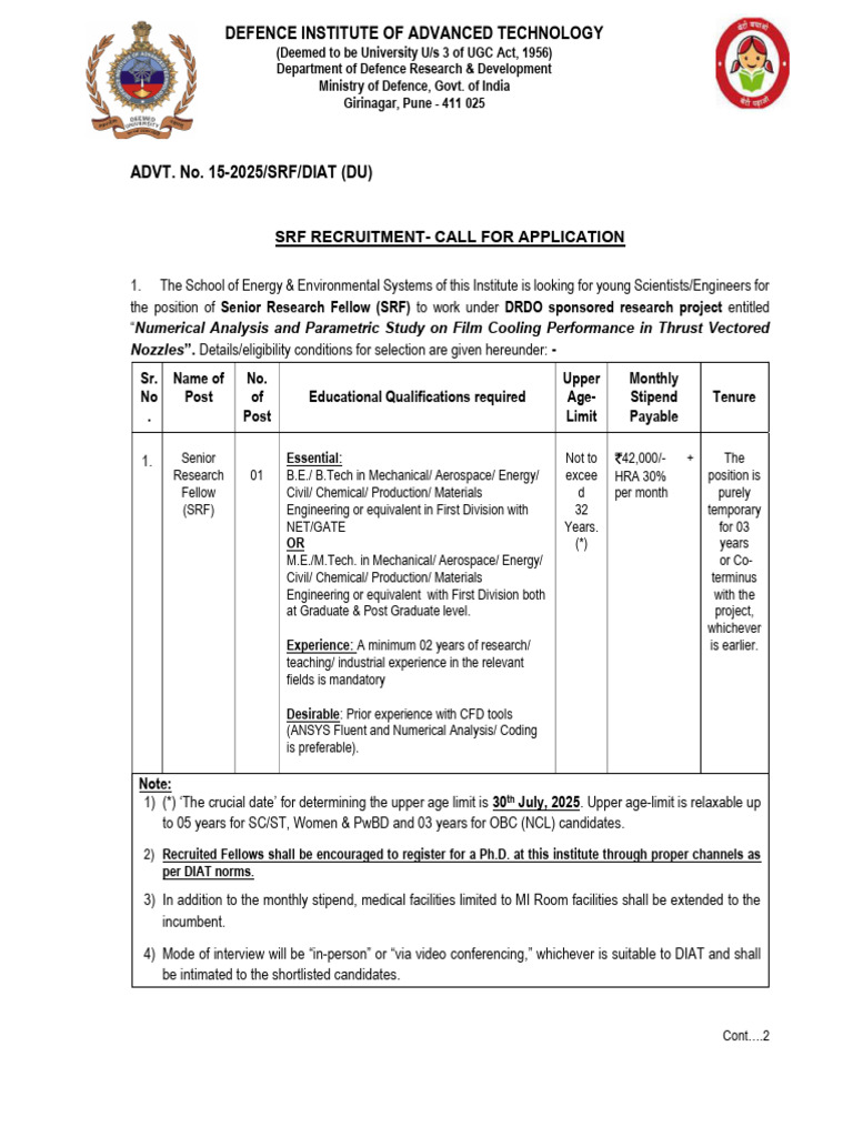 SRF Recruitment at DIAT for Young Scientists | PDF