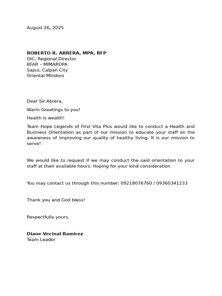 Health and Business Orientation Request | PDF