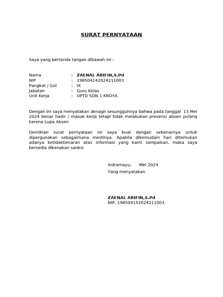 Contoh Surat Pernyataan Lupa Absen | PDF