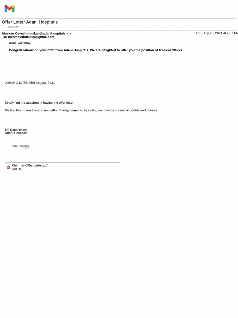 Gmail - Offer Letter - Adani Hospitals | PDF