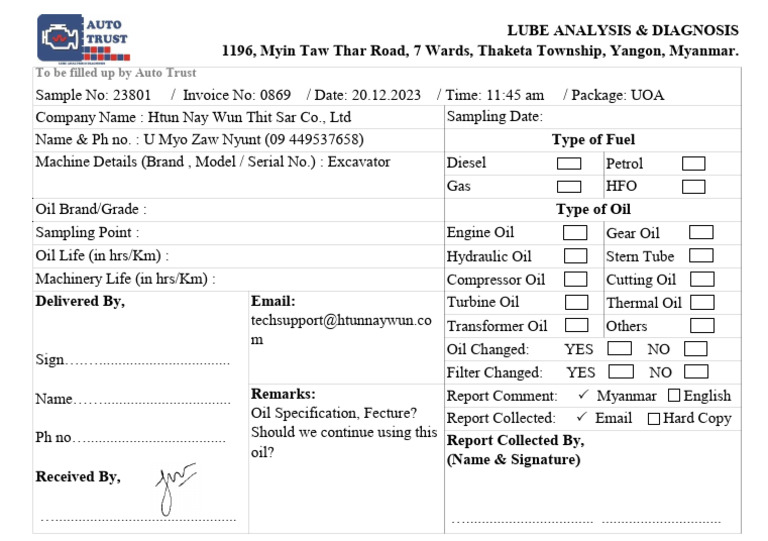 Lube Analysis & Diagnosis Fill Form | PDF