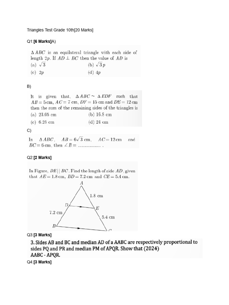 Triangles Test Grade 10th | PDF