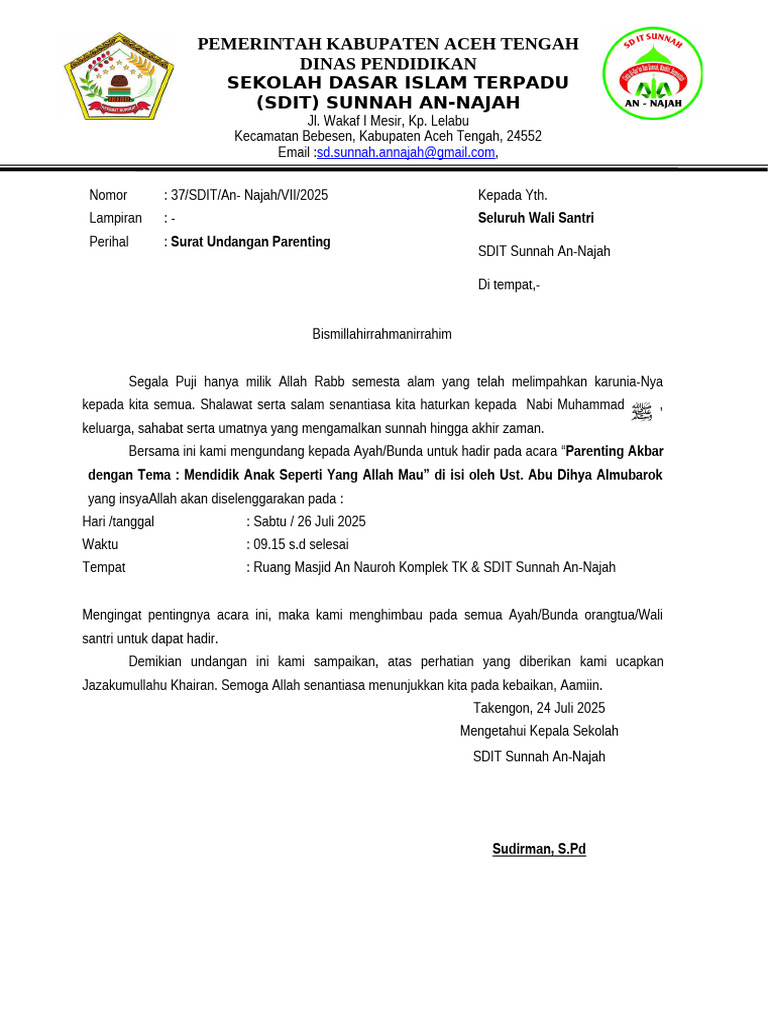 Surat Undangan Parenting Akbar 25 | PDF