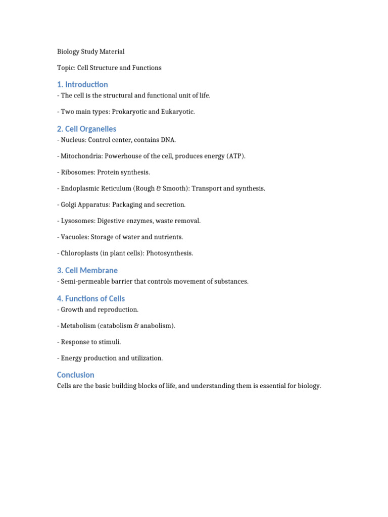 Biology - Cell Structure and Functions | PDF