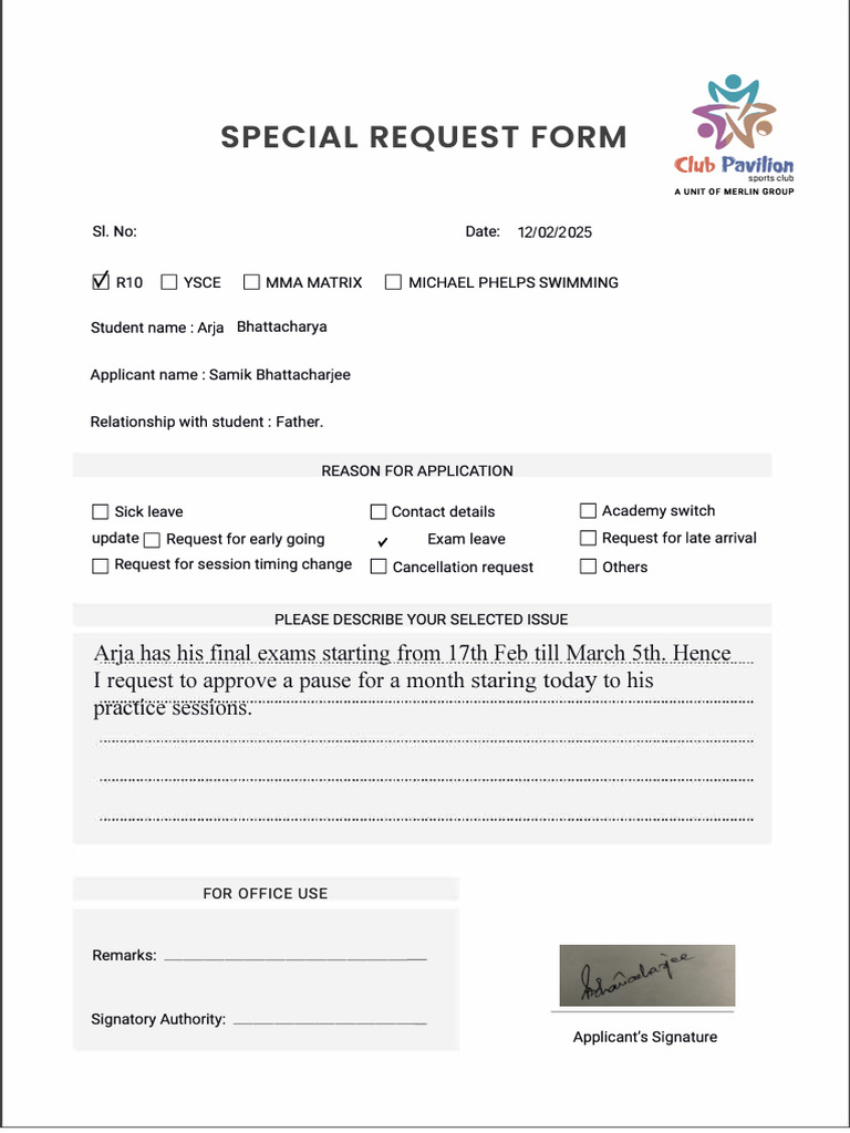 Special Request Form Club Pavilion | PDF