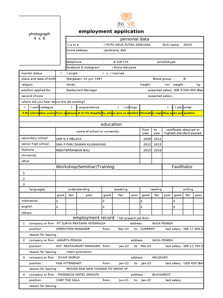 Form 002 HRD Employee Application INI VIE | PDF