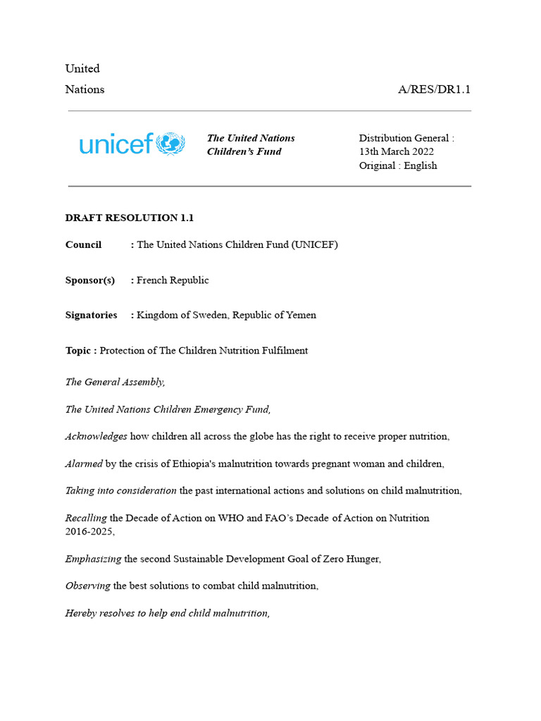 UNICEF Resolution on Child Nutrition | PDF | Malnutrition | World Food ...