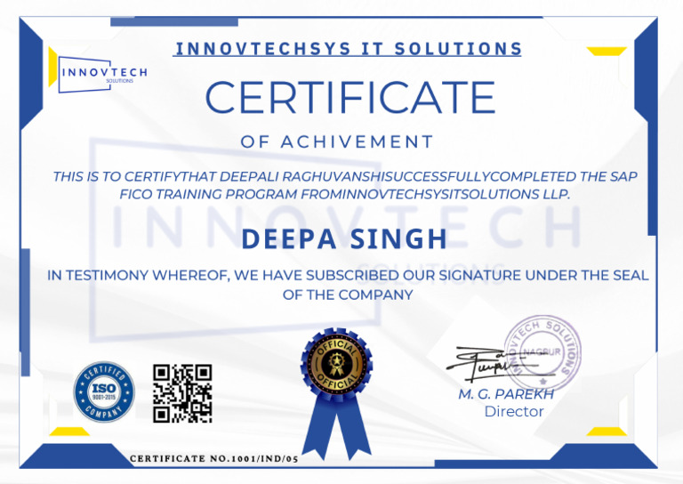 Deepa Singh COMPLETION Certificate FICO | PDF