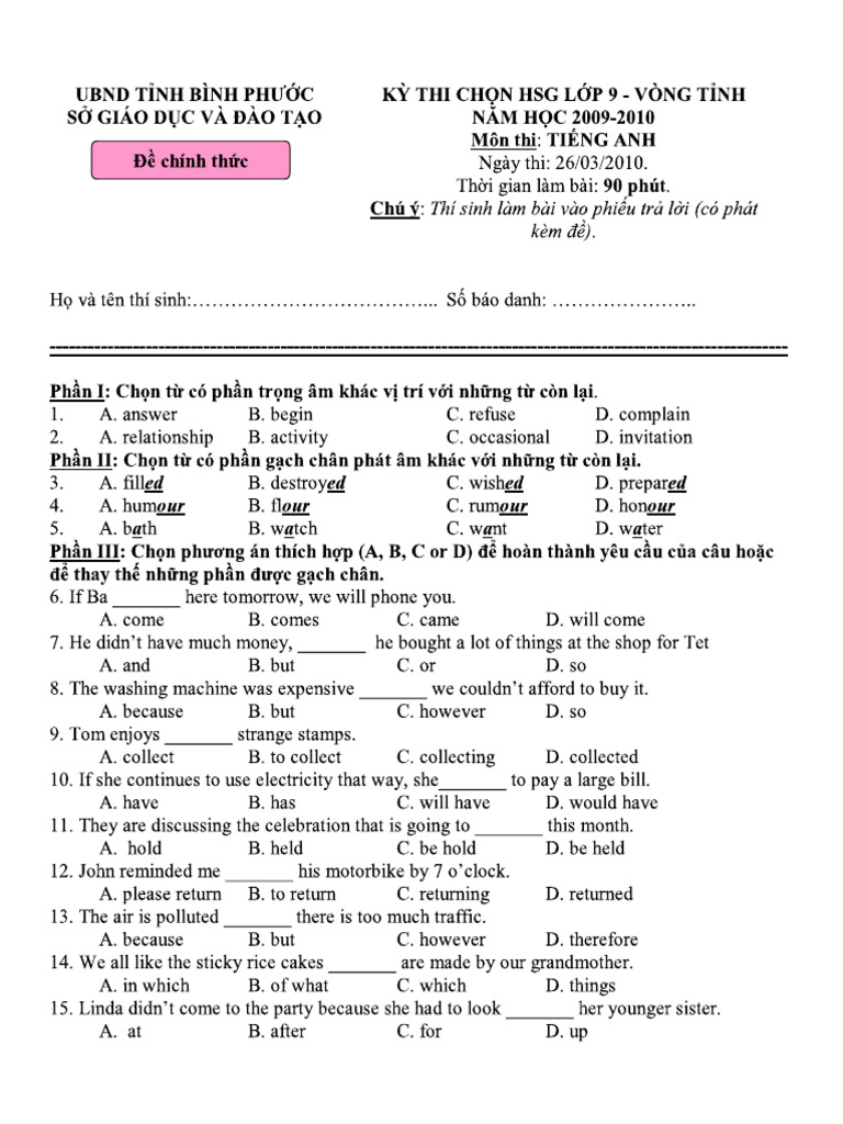 De Thi Va Dap An HSG Tieng Anh 9 Tinh Binh Phuoc 20092010 | PDF