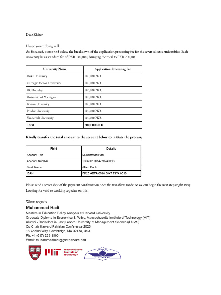 University Application Payment Summary - Khizer Shabbir | PDF