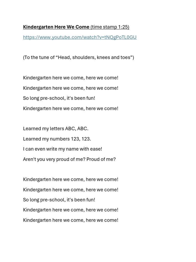 Kindergarten Here We Come Lyrics | PDF