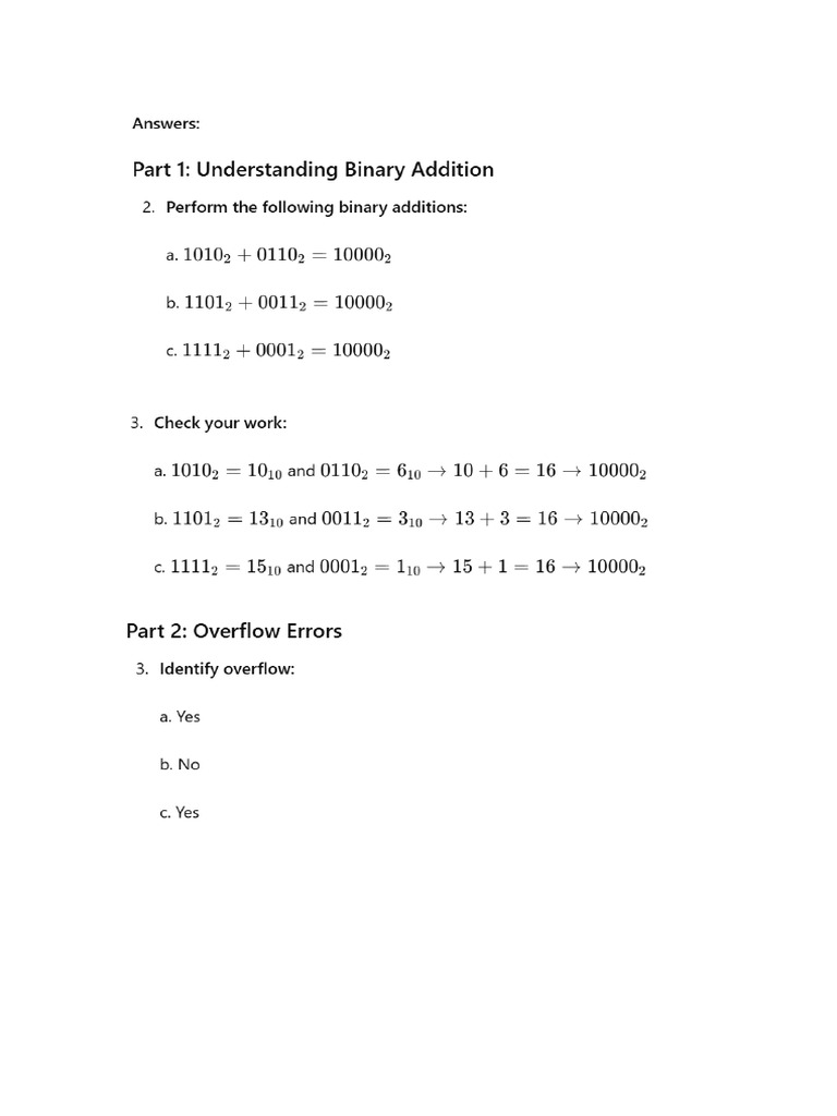 Solutions To Binary Addition Worksheet | PDF