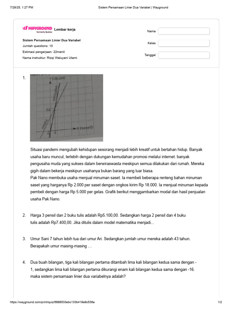 Sistem Persamaan Linier Dua Variabel - Wayground | PDF
