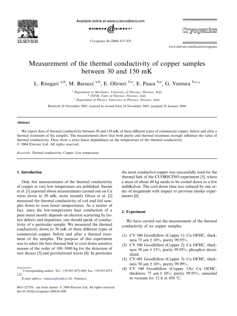 Thermal Conductivity of Copper at Low Temperatures | PDF | Electrical ...