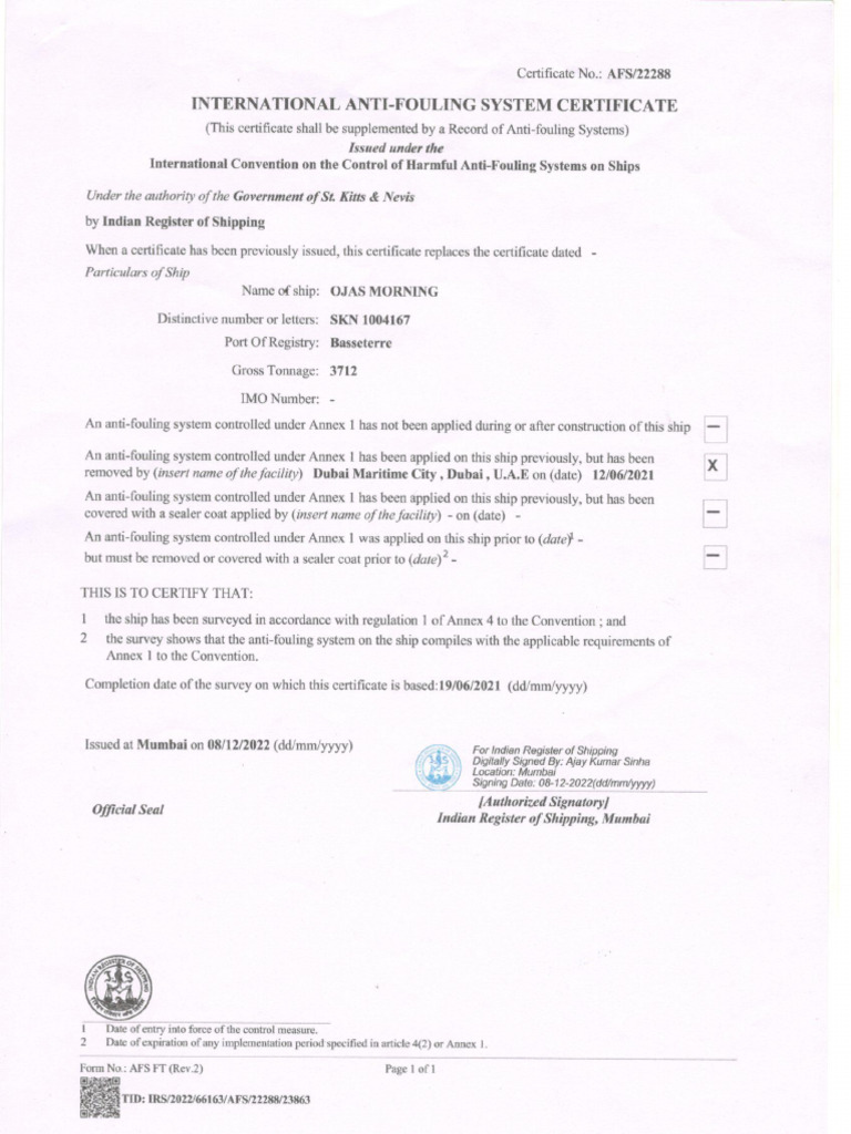 Anti Fouling Certificate - Barge | PDF