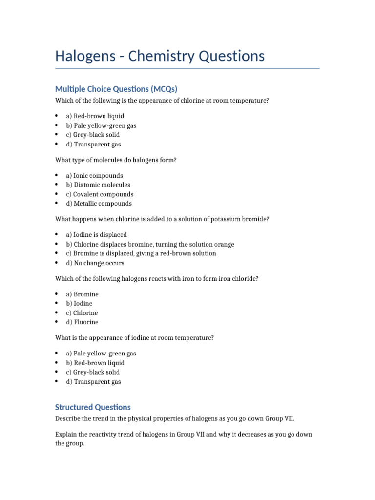 Halogens: Properties and Reactivity MCQs | PDF