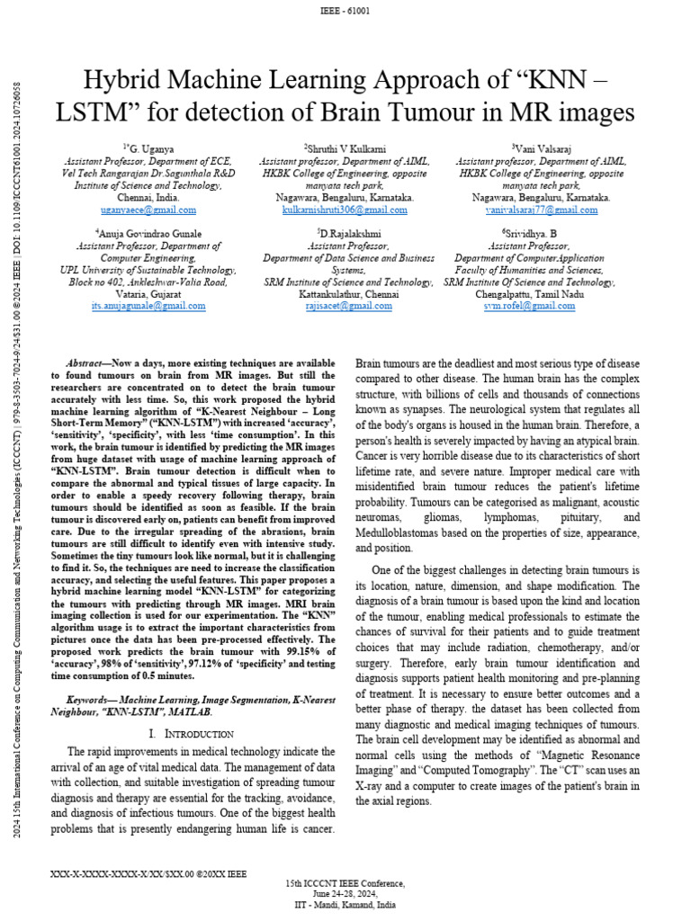 Hybrid Machine Learning Approach of KNN LSTM For Detection of Brain Tumour in MR Images | PDF ...