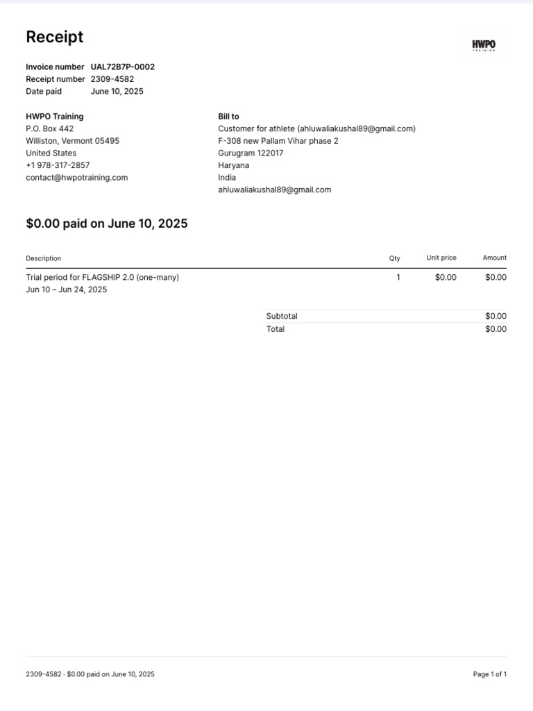 Receipt for Free Trial of FLAGSHIP 2.0 | PDF