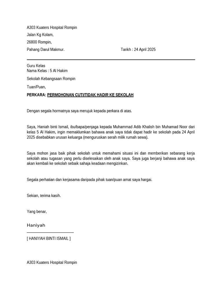 Surat Cuti Sekolah | PDF