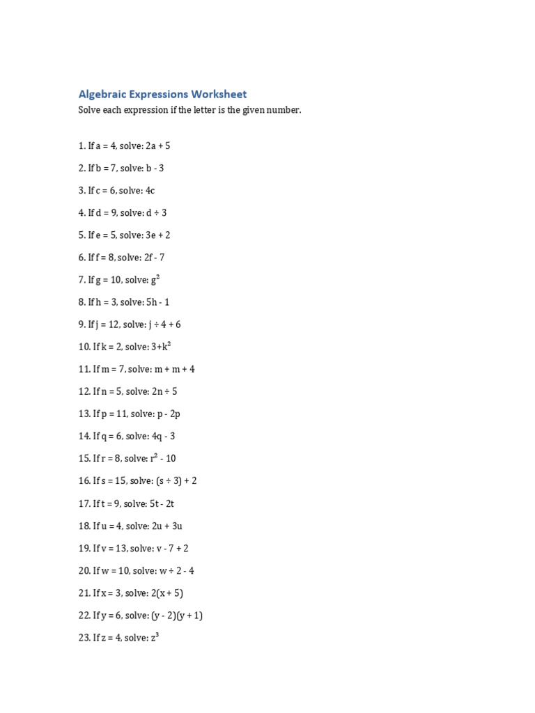 Algebraic Expressions Worksheet | PDF