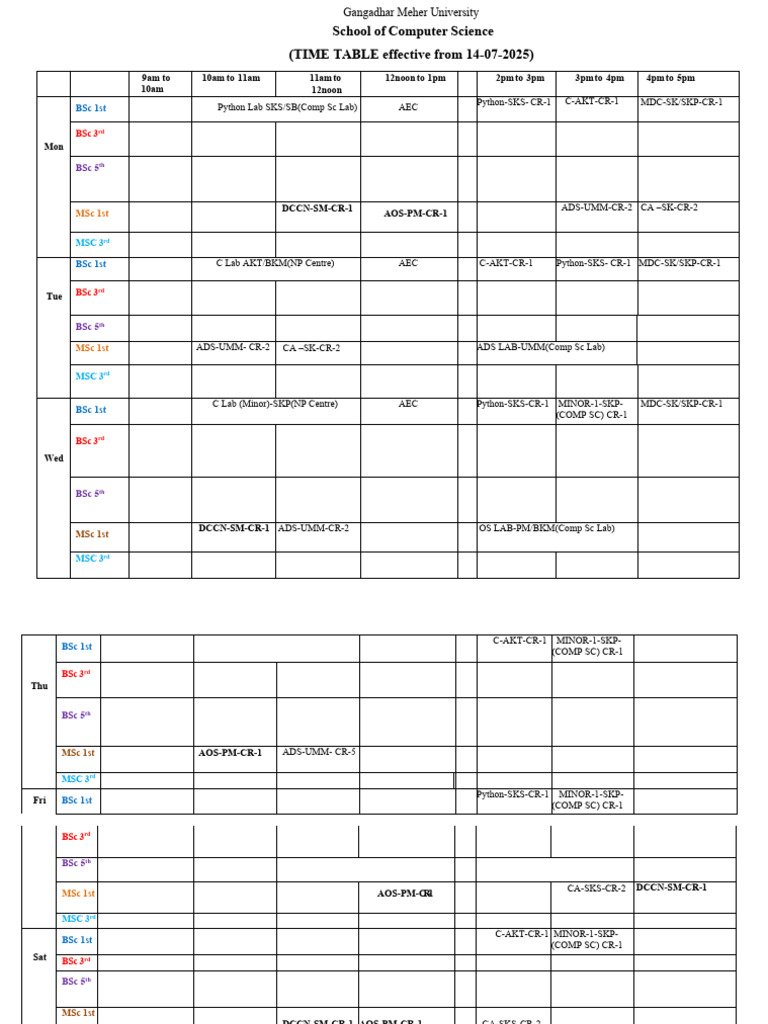 Computer Science Timetable 2025 | PDF