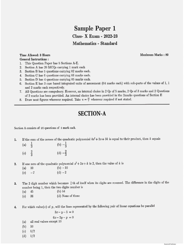 10 Sample Paper of Mathematics | PDF
