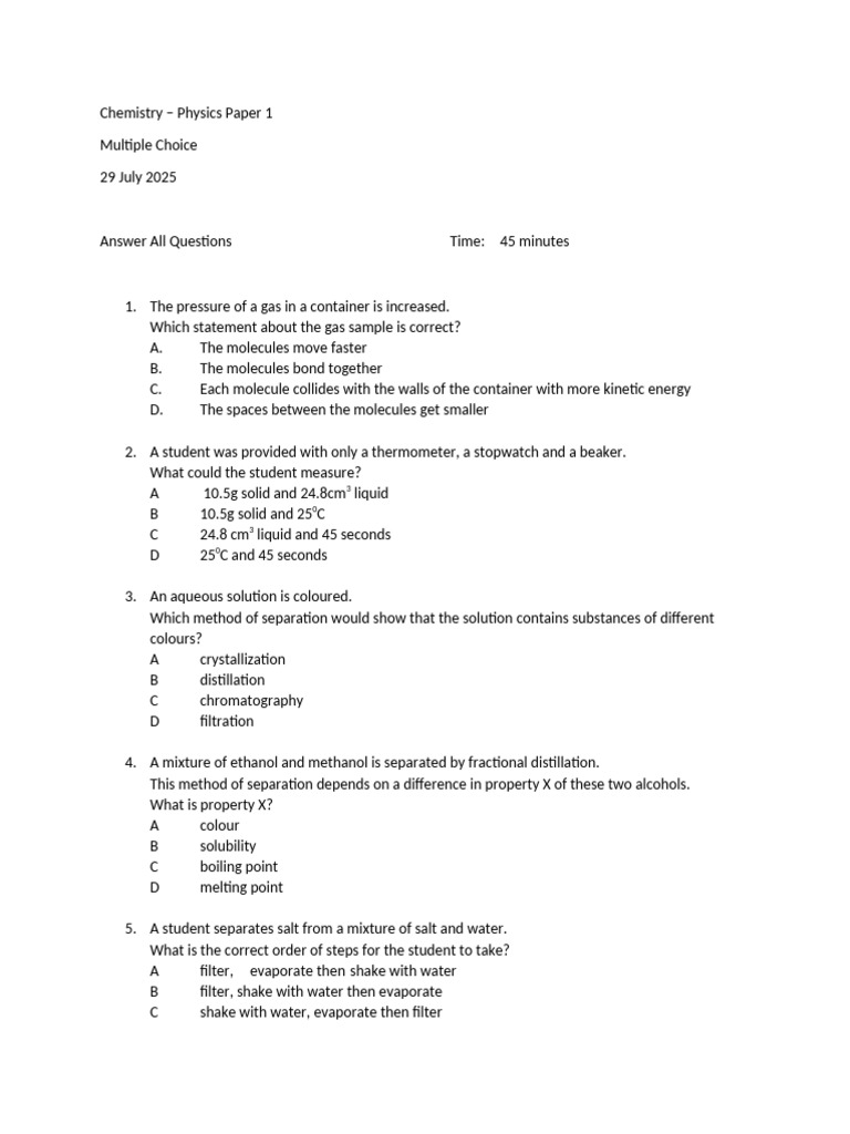 Chemistry - Physics Multiple Choice July 2025 | PDF | Chemical Elements ...