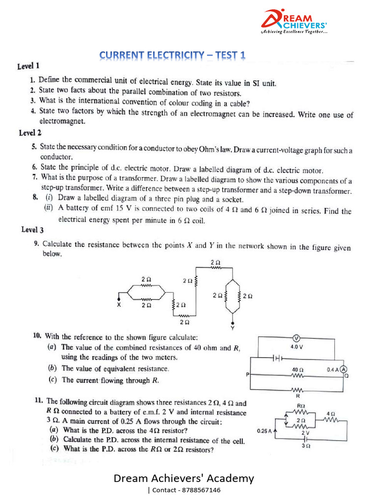 Current Electricity Test 1 | PDF