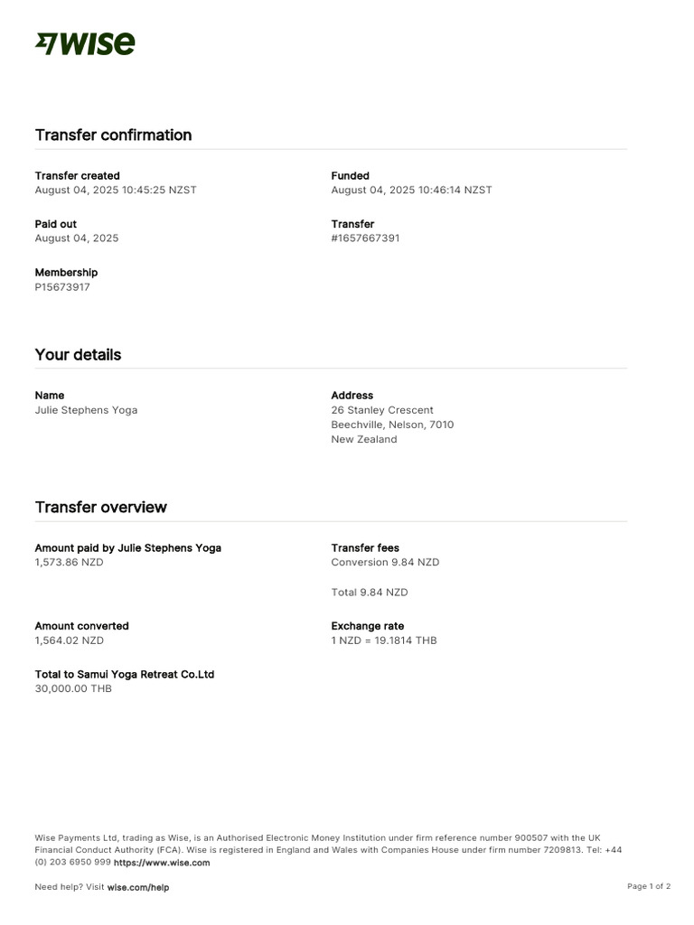 Wise Transfer Confirmation - Julie Stephens | PDF | Banks | Money