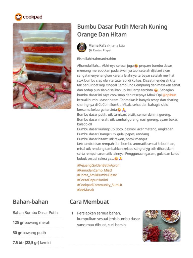 Resep Bumbu Dasar Putih Merah Kuning Orange Dan Hitam Oleh Mama Kafa ...