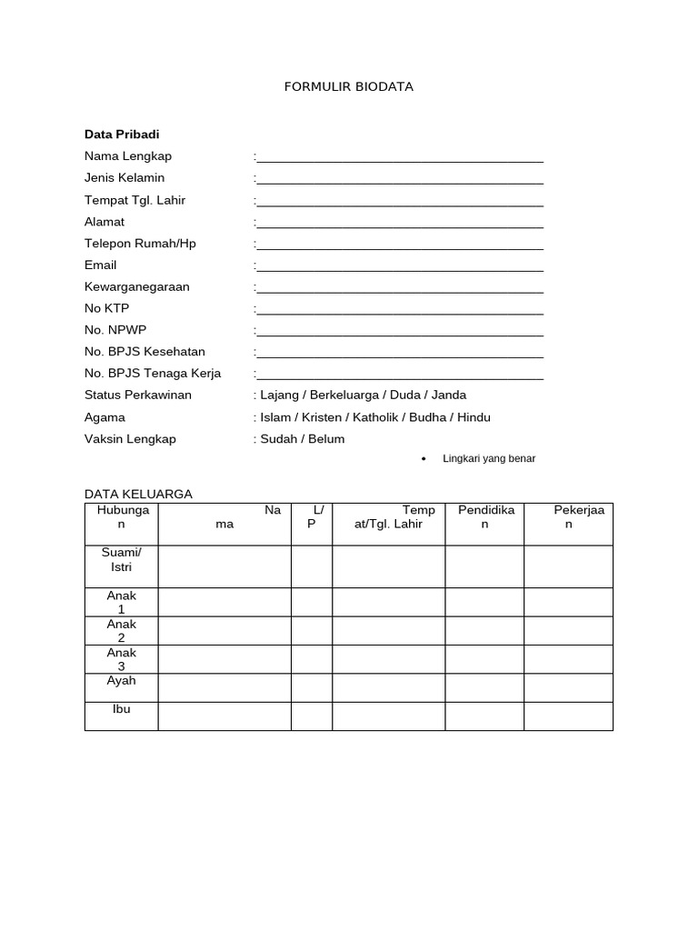 Formulir Biodata Lengkap untuk Lamaran | PDF