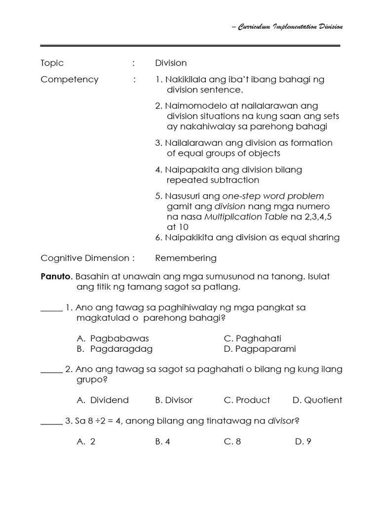 Mathematics 2 Assessment Tool Division | PDF