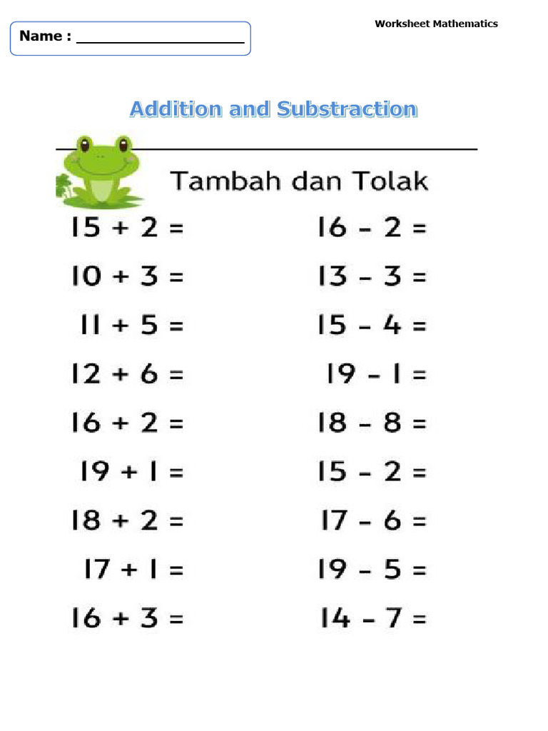 2 - Worksheet Addition and Substraction 1 - 20 | PDF