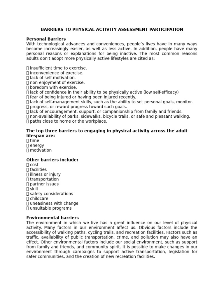 Barriers to Physical Activity Participation | PDF