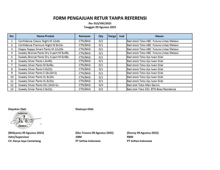 Form Retur Tanpa Referensi | PDF