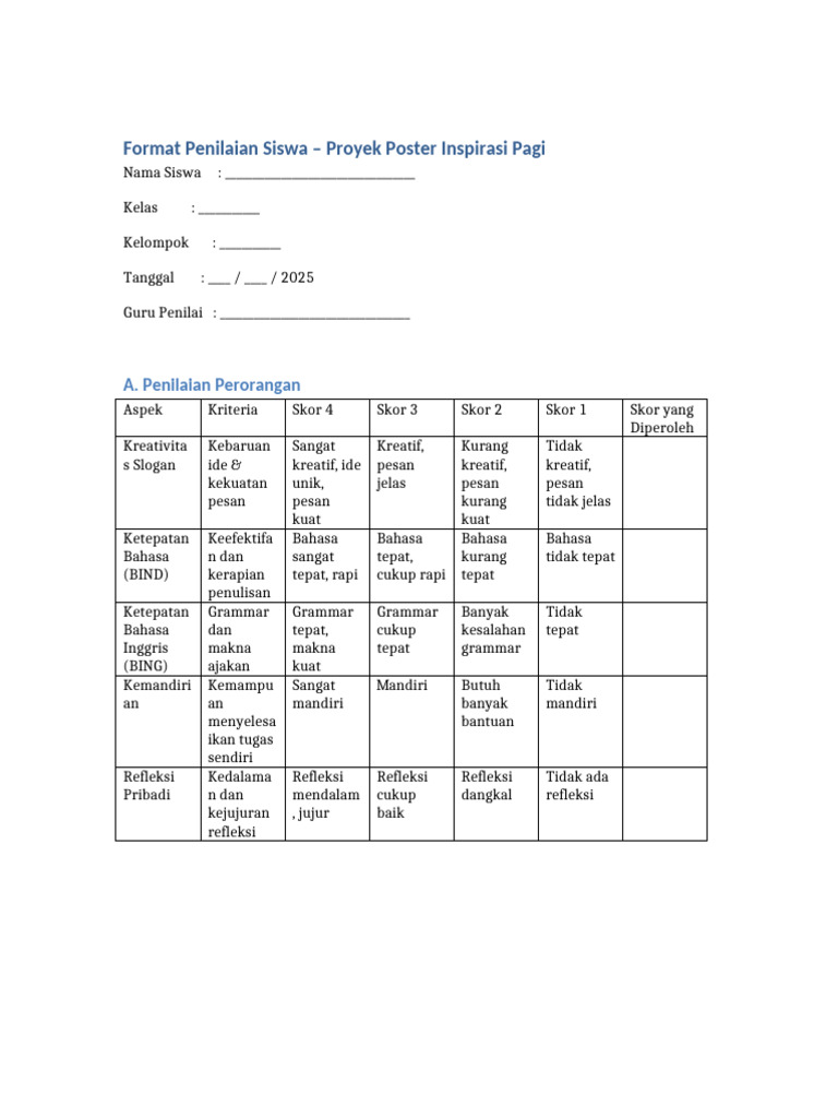 Format Penilaian Siswa Poster Bangun Pagi | PDF
