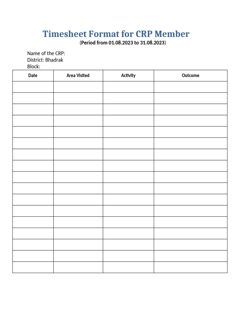 CRP Timesheet Format August 2023 | PDF