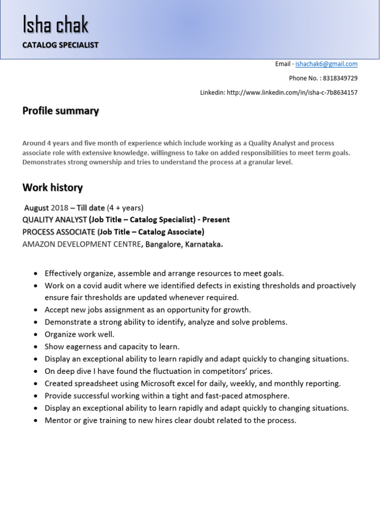 Isha Chak: Catalog Specialist Profile | PDF | Microsoft Excel | Computing