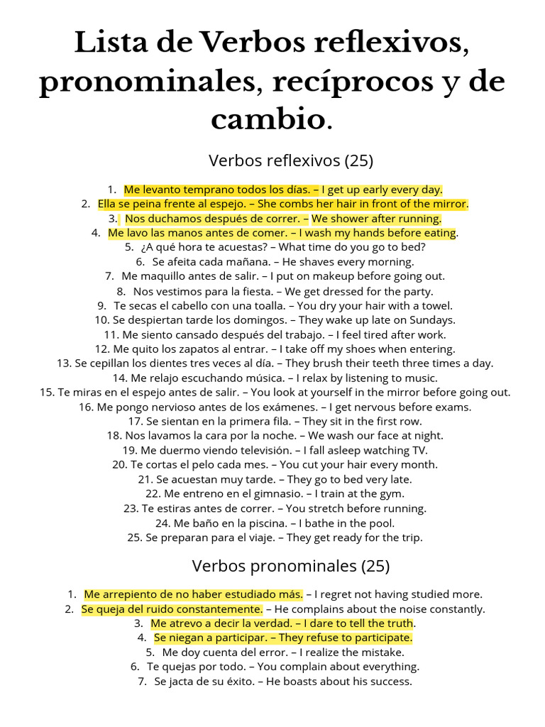 Verbos Reflexivos y Pronominales en Español | PDF