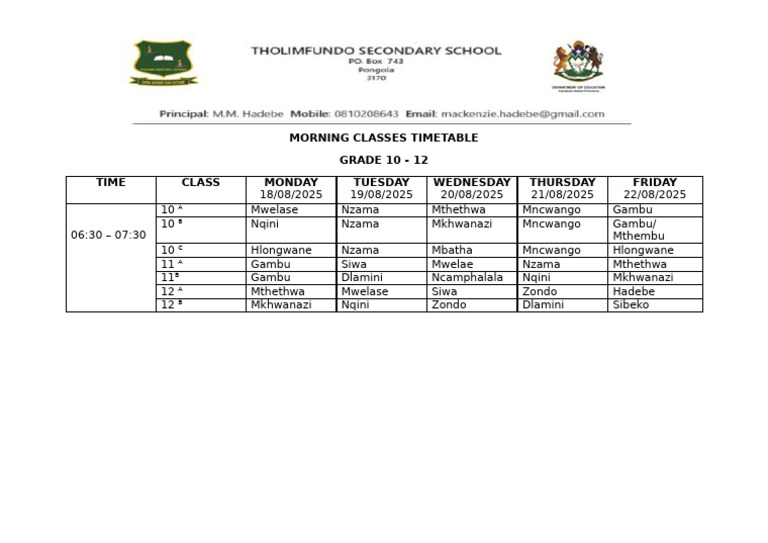 Grade 10-12 Morning Class Schedule | PDF