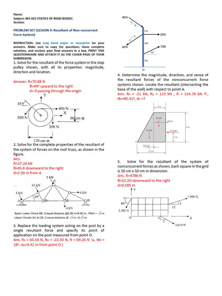 Non-Concurrent Force Resultants Solutions | PDF