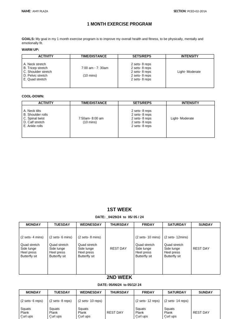 1-Month Fitness Exercise Plan | PDF | Physical Fitness | Physical Exercise