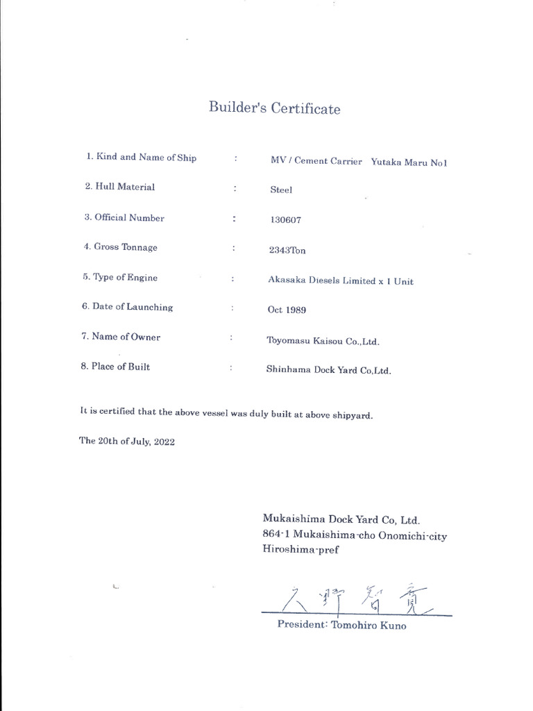 Yutaka Maru Builders Certificate - 2024 | PDF