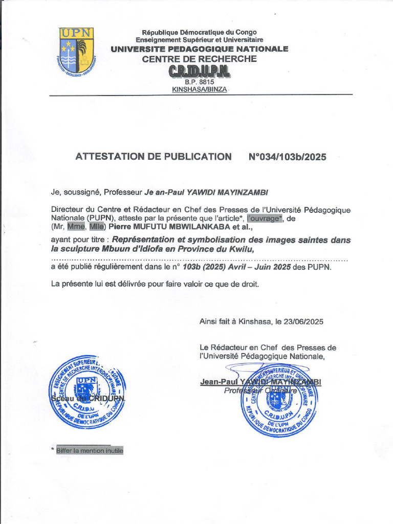 Attestation MUFUTU 041112 | PDF