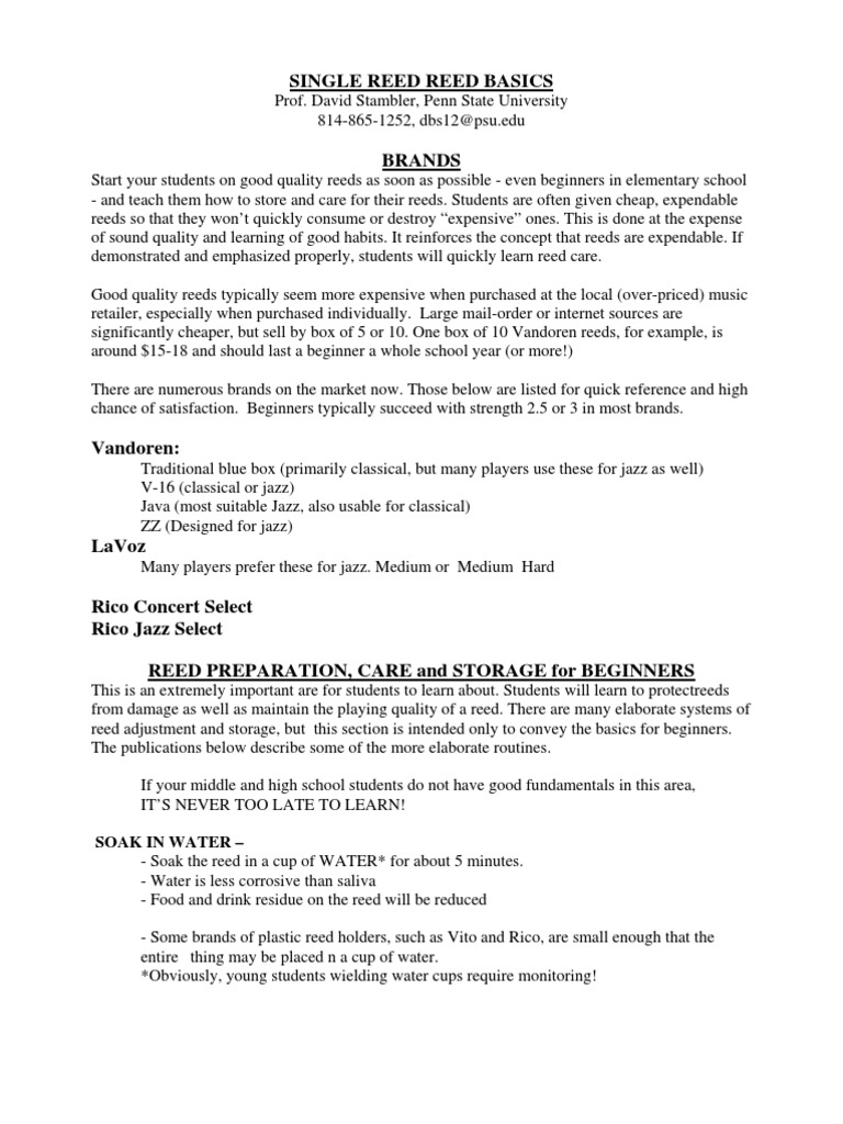Single Reed Reed Basics: Soak in Water | PDF | Saxophone | Clarinet